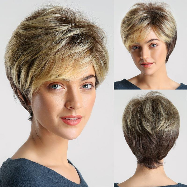 Short Wigs for Women Pixie Cut Golden Brown Wig with Bangs Heat ...