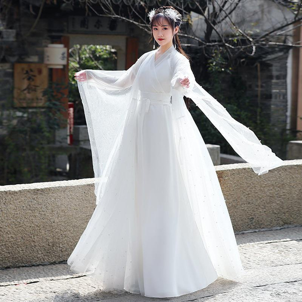 Hanfu White Long Dress Folk Dance Costume Chinese Traditional National ...