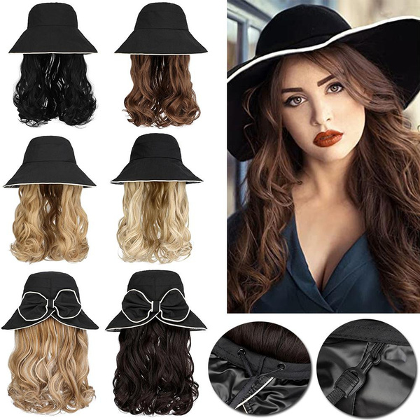 1pc Black Bucket Hats Cap with 12inch Wavy Curly Hair Extensions for ...