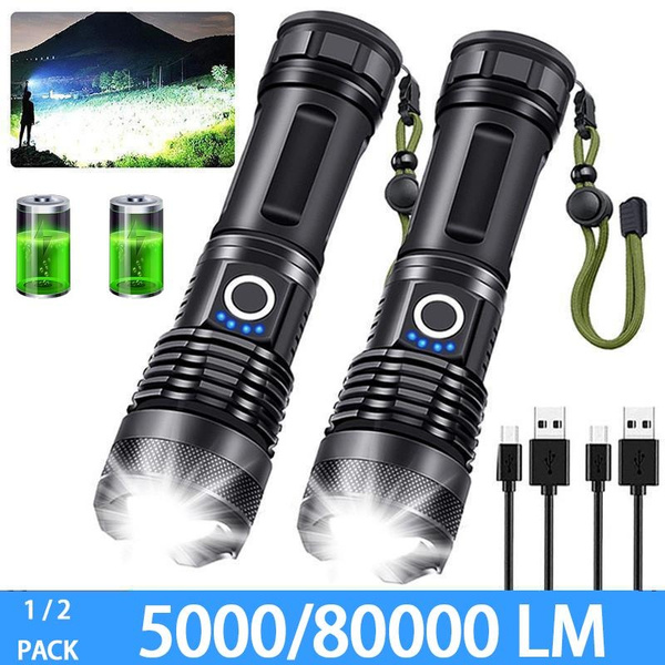 1/2PACK Flashlights LED Rechargeable, 5000/80000 High Lumens XHP70.2 ...