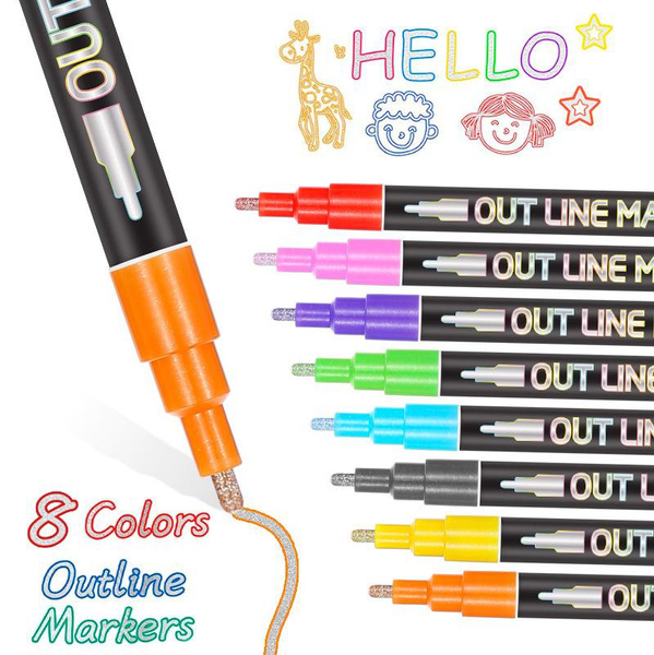 Double Line Outline Pens, 8 Colors Squiggles Shimmer Outline Marker Set ...