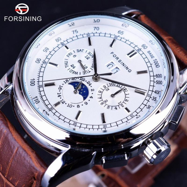 Forsining Moon Phase Shanghai Movement Rose Gold Case Brown Leather ...