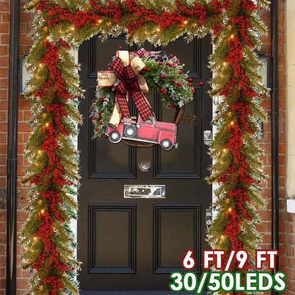 6 FT/9 FT Christmas Garland, LED Xmas Red Berries Rattan Garland ...