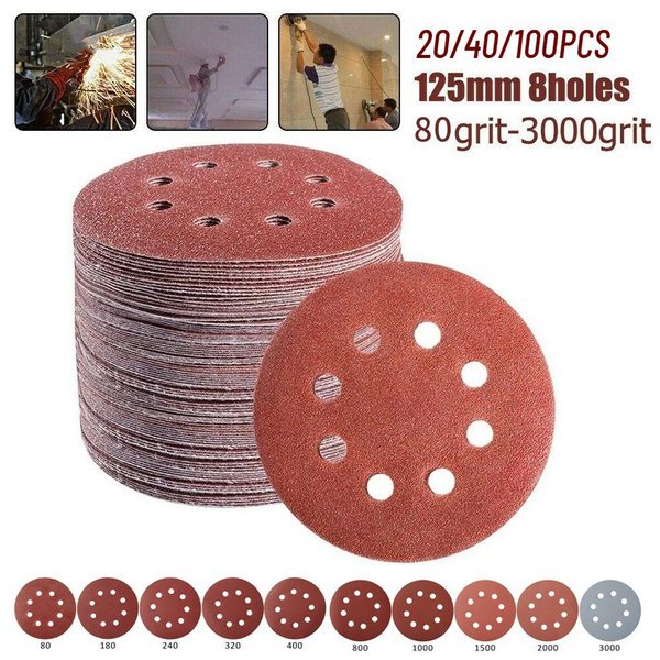 20/40/100Pcs 5Inch 125mm Round Sandpaper Eight Hole Sanding Disk Set 80 ...
