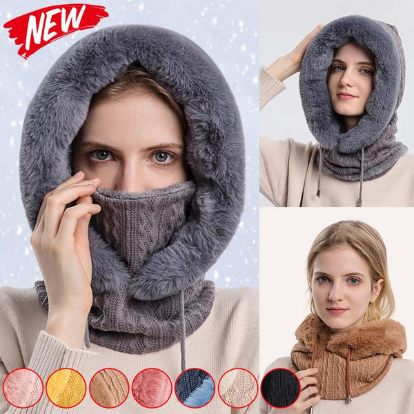 Winter Hats for Women Outdoor Knitted Neck Warm Scarf Mask Hooded ...