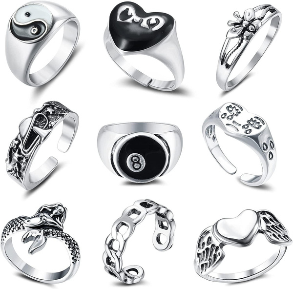 9 Pieces Retro Silver Gothic Punk Rings for Men and Women Cool Gothic ...