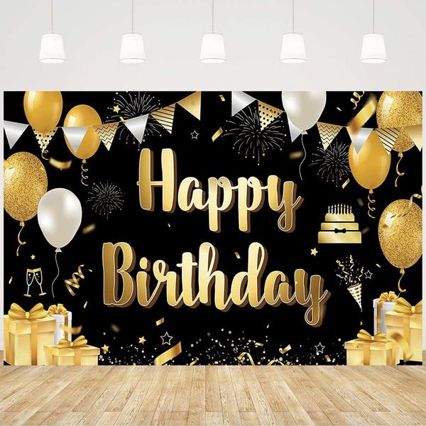 Black and Gold Birthday Party Banner Glitter Golden Balloon Happy ...