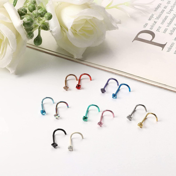 12 Pieces of 20G Nose Ring Surgical Steel Mixed with Colored Diamond CZ ...