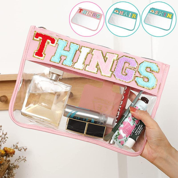 Cute Chenille Skin/Hair/Things Letter Clear Zipper Pouch Travel PVC ...