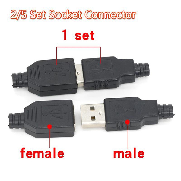 2/5 Set Male Female USB 4 Pin Plug Socket Connector with Black Plastic ...