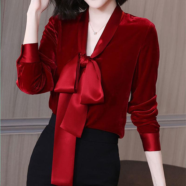 Women Velvet Blouse Shirt Long Sleeve V Neck Office Work Top Satin Bow ...
