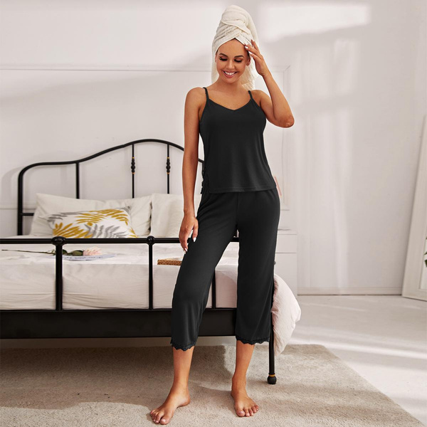 Plain Lace Spaghetti Straps Top And Loungewear Pajamas Set | Wish