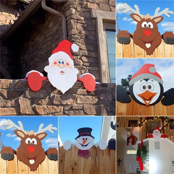 Wooden Santa Claus Fence Peekers Christmas Yard Art Fence Peeker Funny ...
