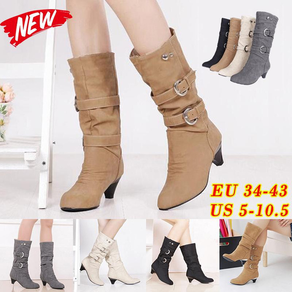 Women's Fashion Mid Calf Boots Round Toe Comfort Low Heel Winter Boots ...