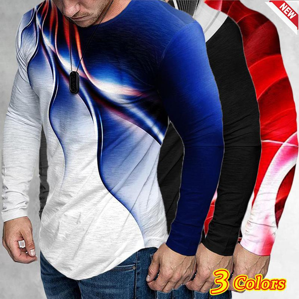 New Fashion Men Crew Neck Slim Fit Long Sleeve Shirts Colorful Cloud 3D ...