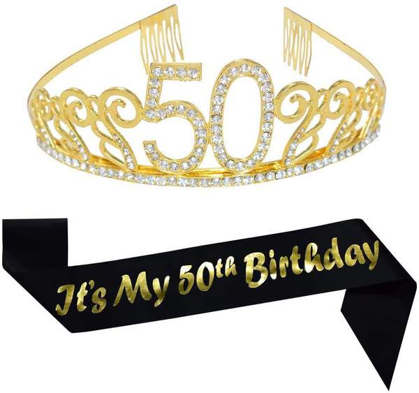 50th Birthday Gold Tiara and Sash Glitter Satin Sash and Crystal ...