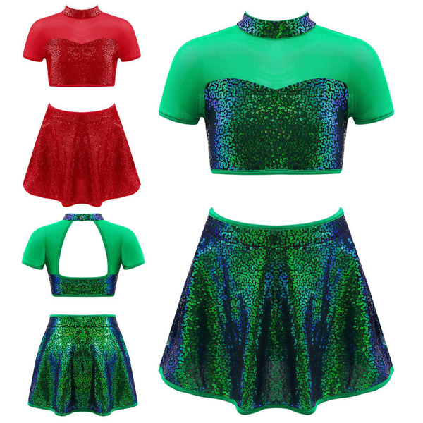 Kids Girls Jazz Modern Dance Skirt Outfits Shiny Sequin Short Sleeve ...