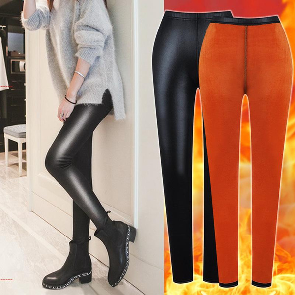 Women Warm Leather Leggings High Waist Pants Leather Waterproof ...
