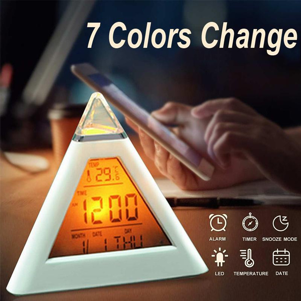 7 Colors Changeable Pyramid LCD Alarm Clock Date Thermometer Digital ...