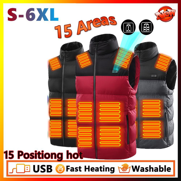 2023 Plus Size S-6XL 15 Areas Men's Heated Vest Winter Outdoor USB Sleeveless Jacket Heating ...