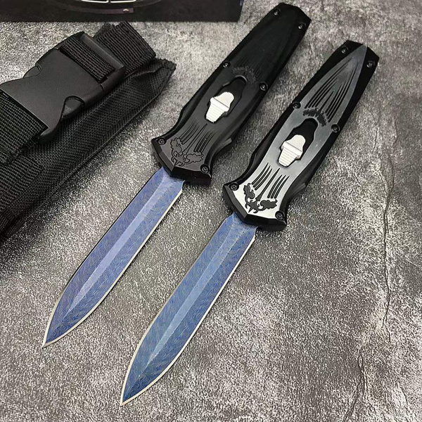 Microtech Blue Titanium Coating Laser Feather Patterns Automatic Stright Opening Knife Flick ...