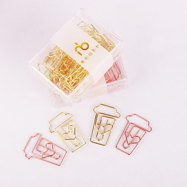 12Pcs/box Coffee Cup Gold and Rose Gold Paper Clip Bookmark Binder Clip ...