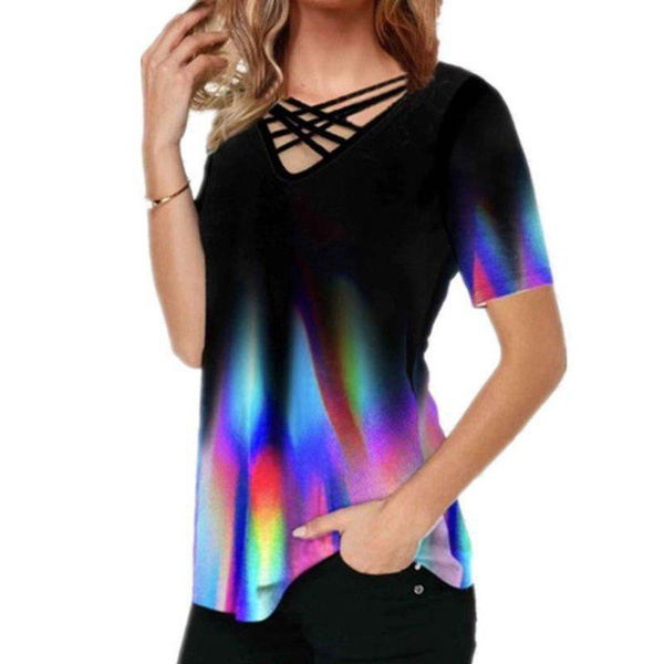 Summer Women's Fashion Loose Casual Short Sleeved Floral Gradients ...