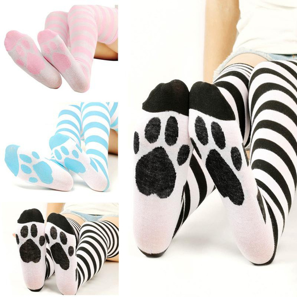 Lolita Over Knee Socks Pink Strip Kawaii Cat Paw Print Stockings Lolita ...