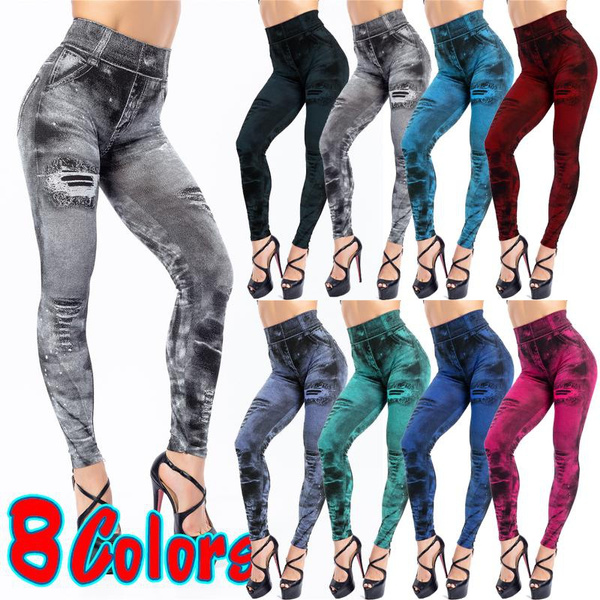 Women's Skinny Fake Jeans High Waist Trousers Comfy Slim Fit Leggings ...