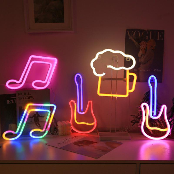 LED Neon Signs, Guitar, Notes, Beer, Wine Glasses, Neon Open Bar for ...