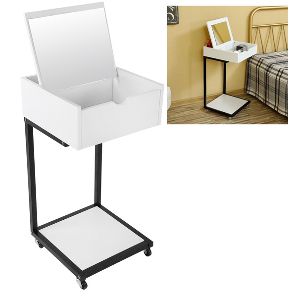 White C‑Shape Movable Desk Storage Rack Bedside Table With Mirror | Wish