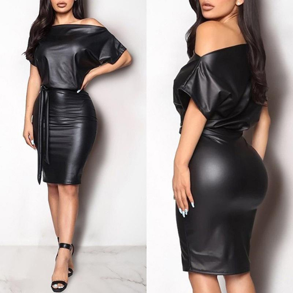 Women Sexy Diagonal Collar Dress Batwing Short Sleeve PU Dress Package ...
