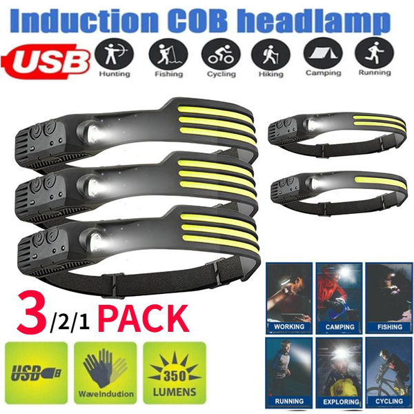 1/2/3 PACK COB LED USB Rechargeable 5 Lighting Modes Headlamp Sensor ...