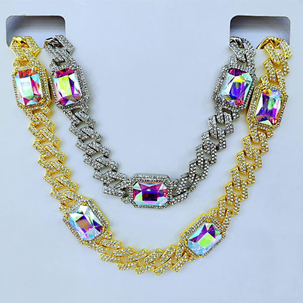 Colorful Diamond Cuban Chain Rap Personality Nacklace Lace Diamond ...