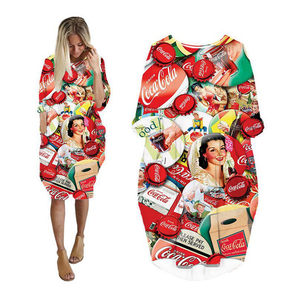 Xmas coke coca cola midi dress pocket batwing woman dresses plus size ...