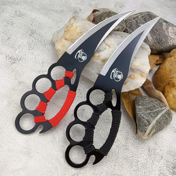 Full Stainless Steel Knuckle Black Fixed Blade Knife Edc Wild Survival ...