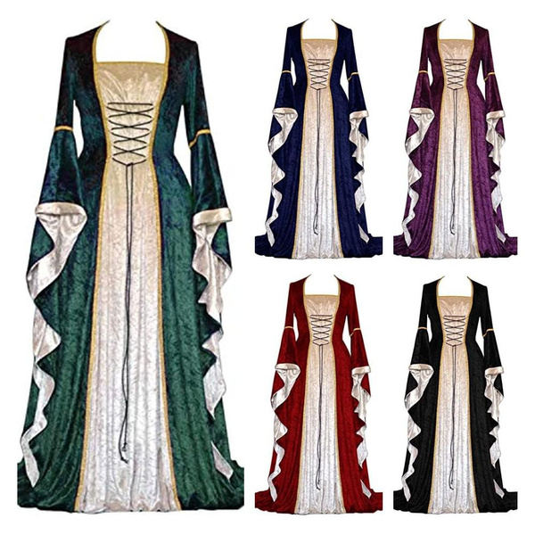 S-5XL Retro Oversize Gold Velvet Lace Dress Medieval Long Flare Sleeve ...