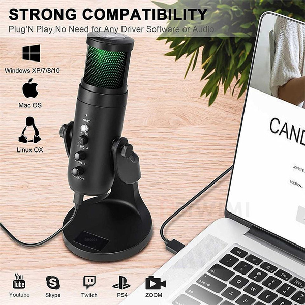 RGB USB Podcast Microphone,Computer Condenser Plug Play PC Gaming Mic ...
