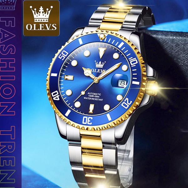 OLEVS Blue Dial Mens Mechanical Watch Stainless Steel Waterproof ...