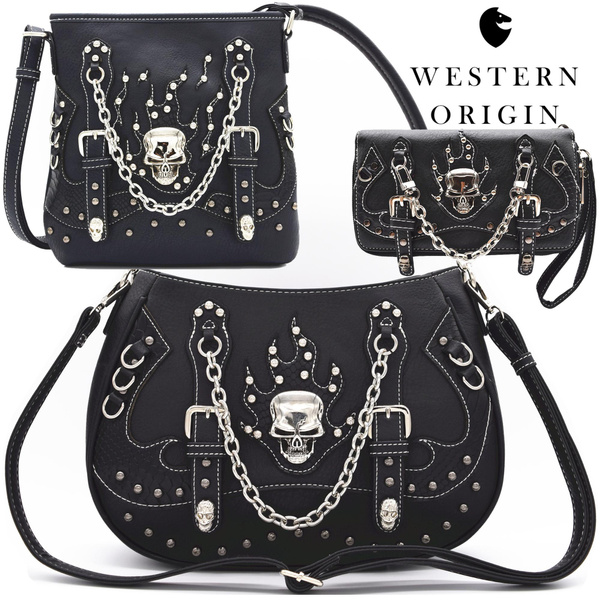 Gothic Flame Skull Punk Goth Chain Concealed Carry Purse Studs Shoulder ...