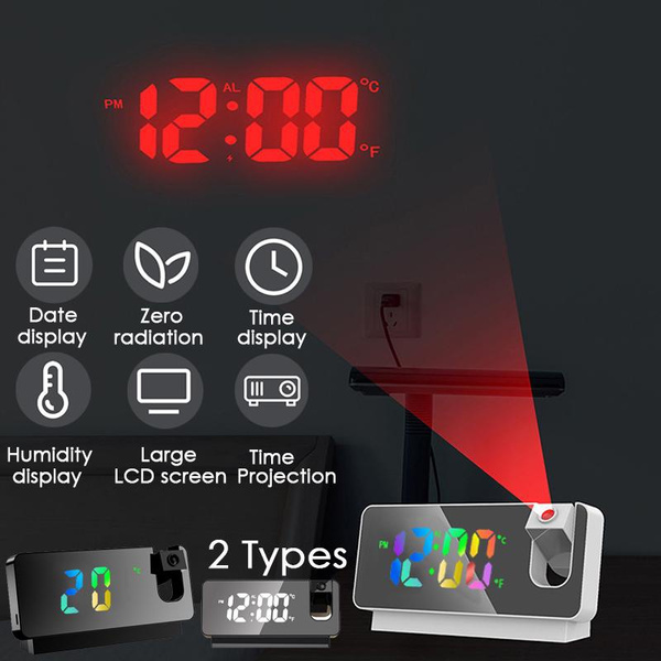 Modern 180° Rotation Projection Alarm Clock for Bedroom LED Colorful ...