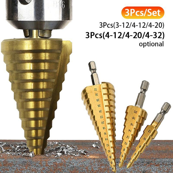HSS Step Drill Bit Set 3Pcs/set Hex Shank TiN Coated Wood Metal Hole ...