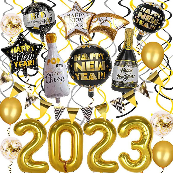 2023 Happy New Year Set Foil Balloons Photo Booth Frame Props Gold ...