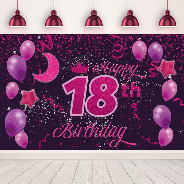 Pink Purple Happy 18th Birthday Backdrop Banner Happy 18 Years Old ...