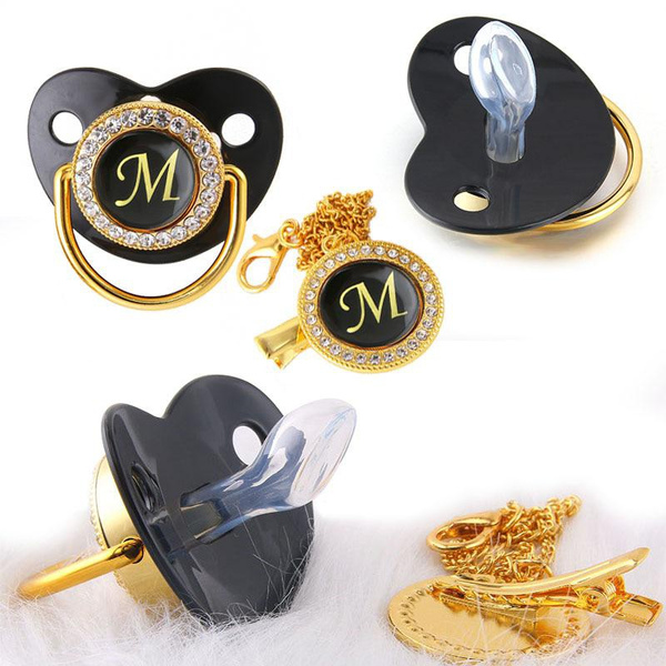 Black Bling Baby Pacifier And Clip Alphabet Letter Infant Pacifier Gold ...