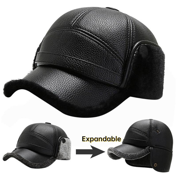 Men Winter Hats PU Leather Thick Bomber Hat Soft Plush Warm Head Dome ...