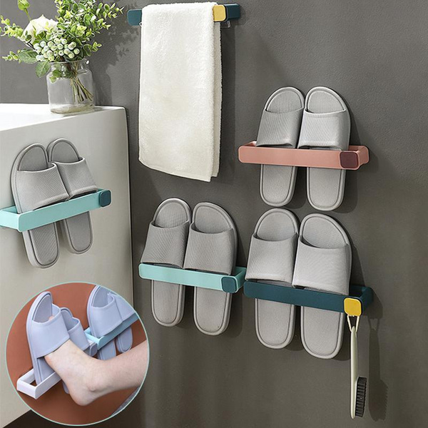 Bathroom Slipper Shelf Towel Hanger No Punching Wall Mounted Shoe Rack ...
