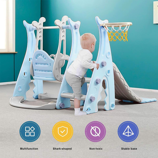 Toddler Slide and Swing Set 4-in-1 Baby Slide Set with Basketball Hoop ...