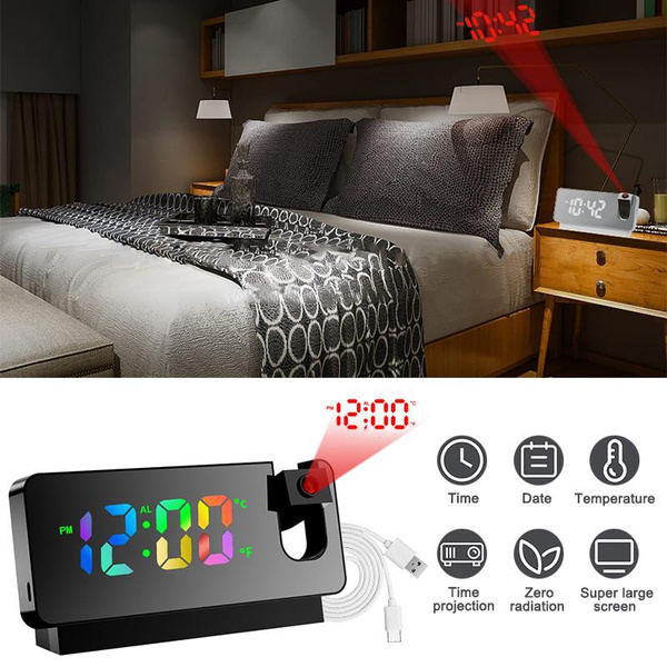 180° Rotation LED Digital Projection Alarm Clock USB Electronic Ceiling ...
