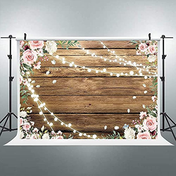 Floral Wooden Backdrop Rustic Pink Flowers Wedding Light Brown Wood Photography Background ...